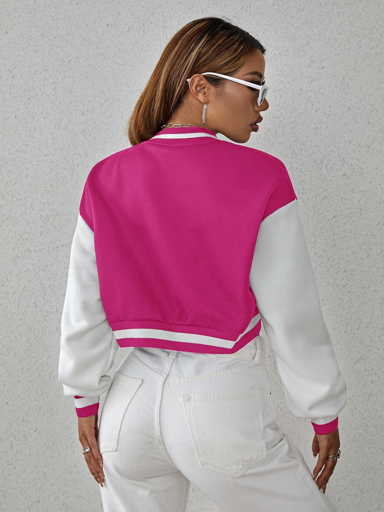 Drop Shoulder Two Tone Crop Varsity Jacket | SHEIN