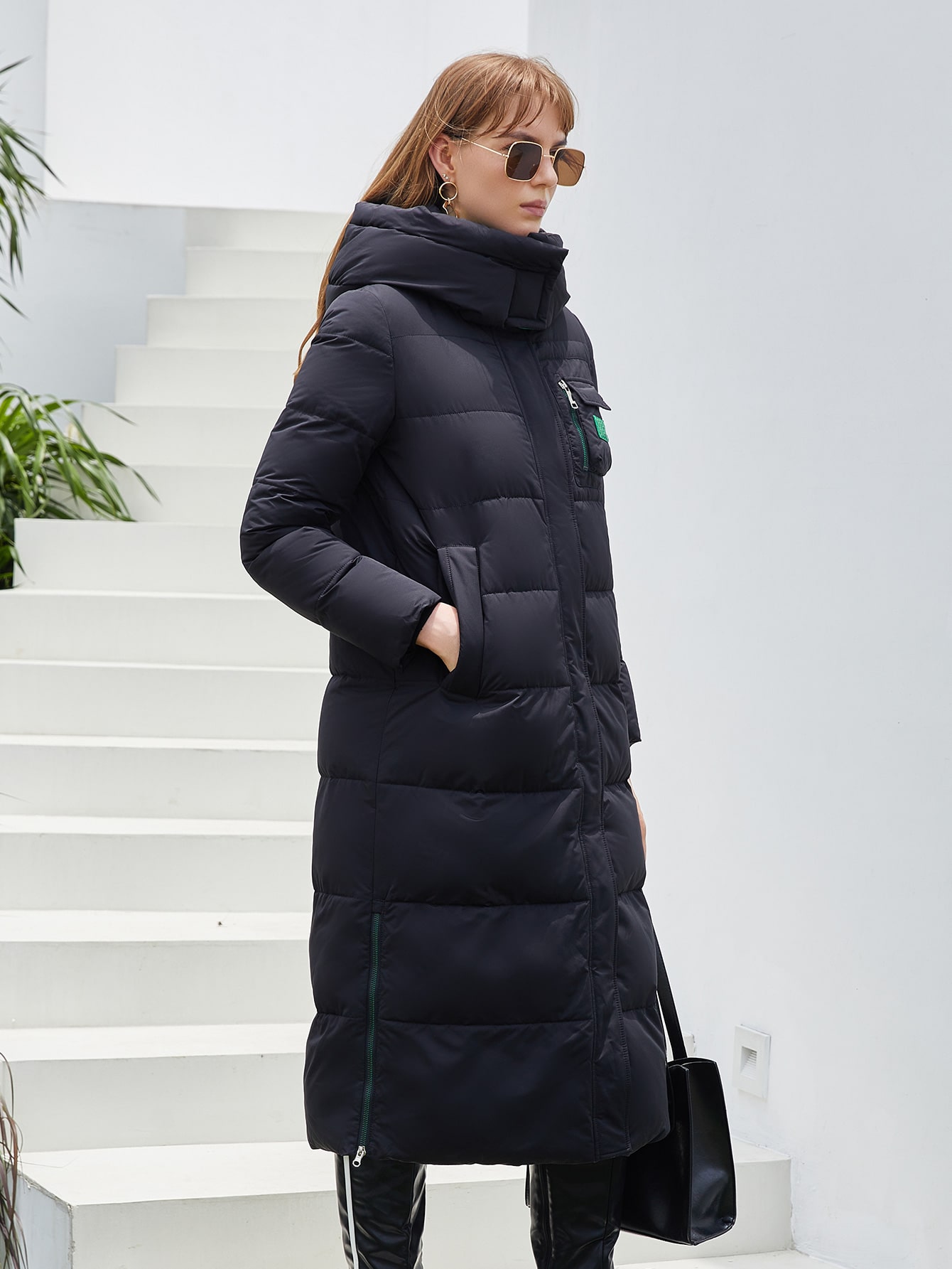 ZIAI Slant Pockets Zip Side Hooded Puffer Coat | SHEIN UK