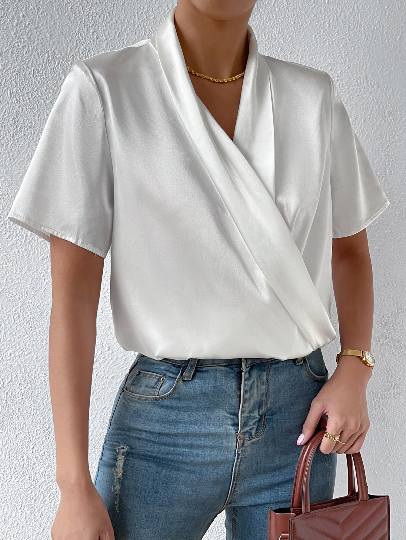 Shawl Collar Wrap Satin Blouse | SHEIN USA
