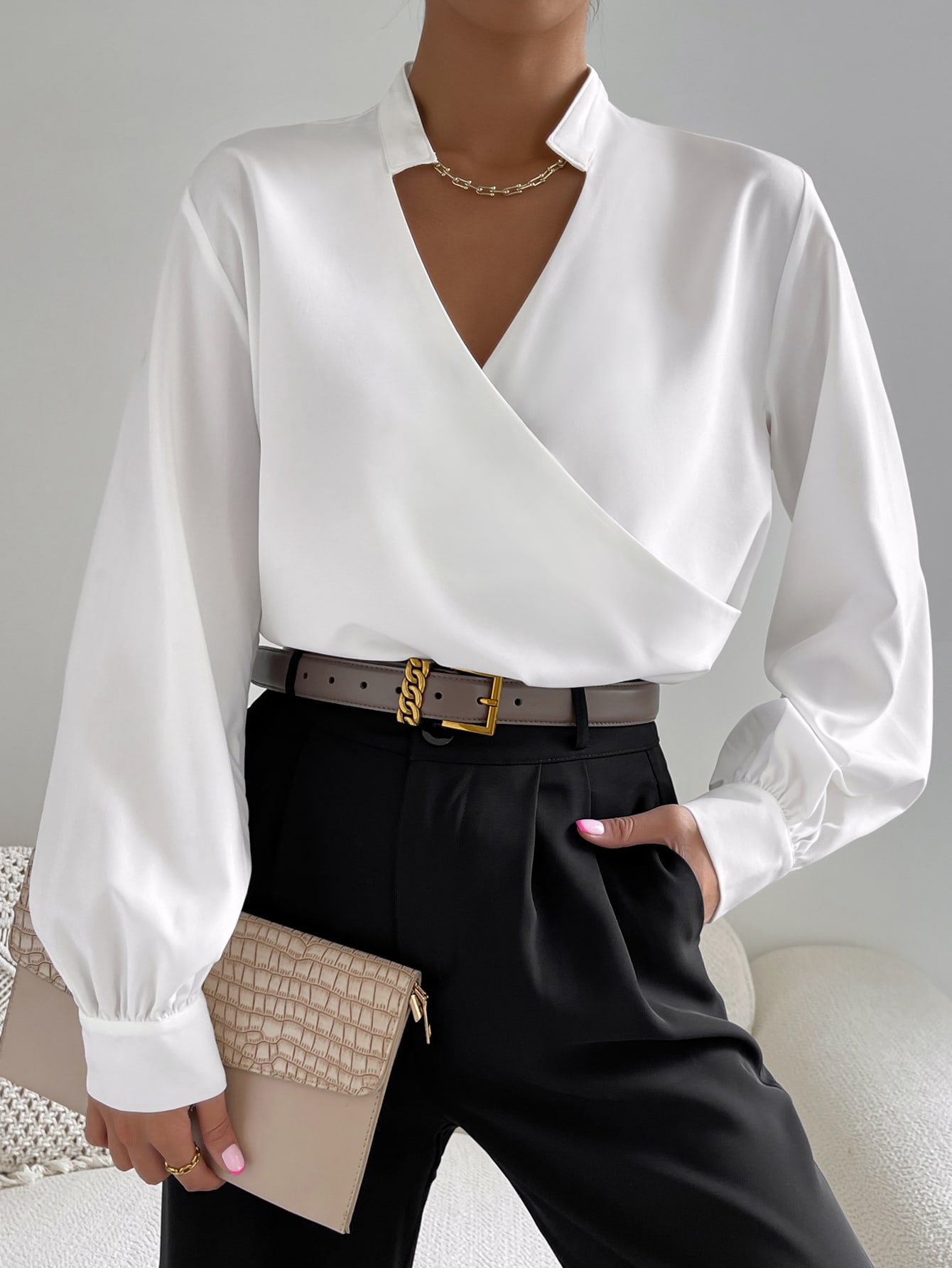 SHEIN Frenchy Solid Surplice Neck Shirt | SHEIN UK