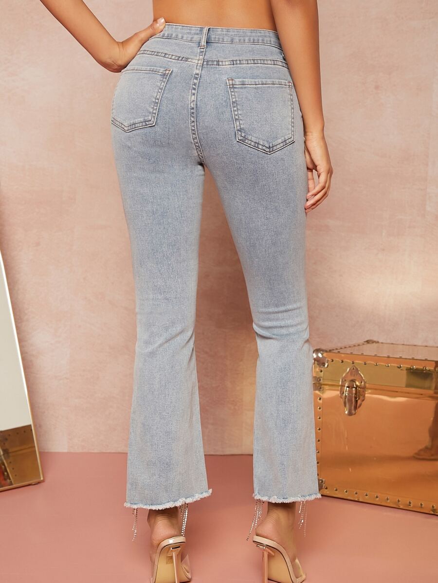 Raw Hem Rhinestone Fringe Flare Jeans | SHEIN USA