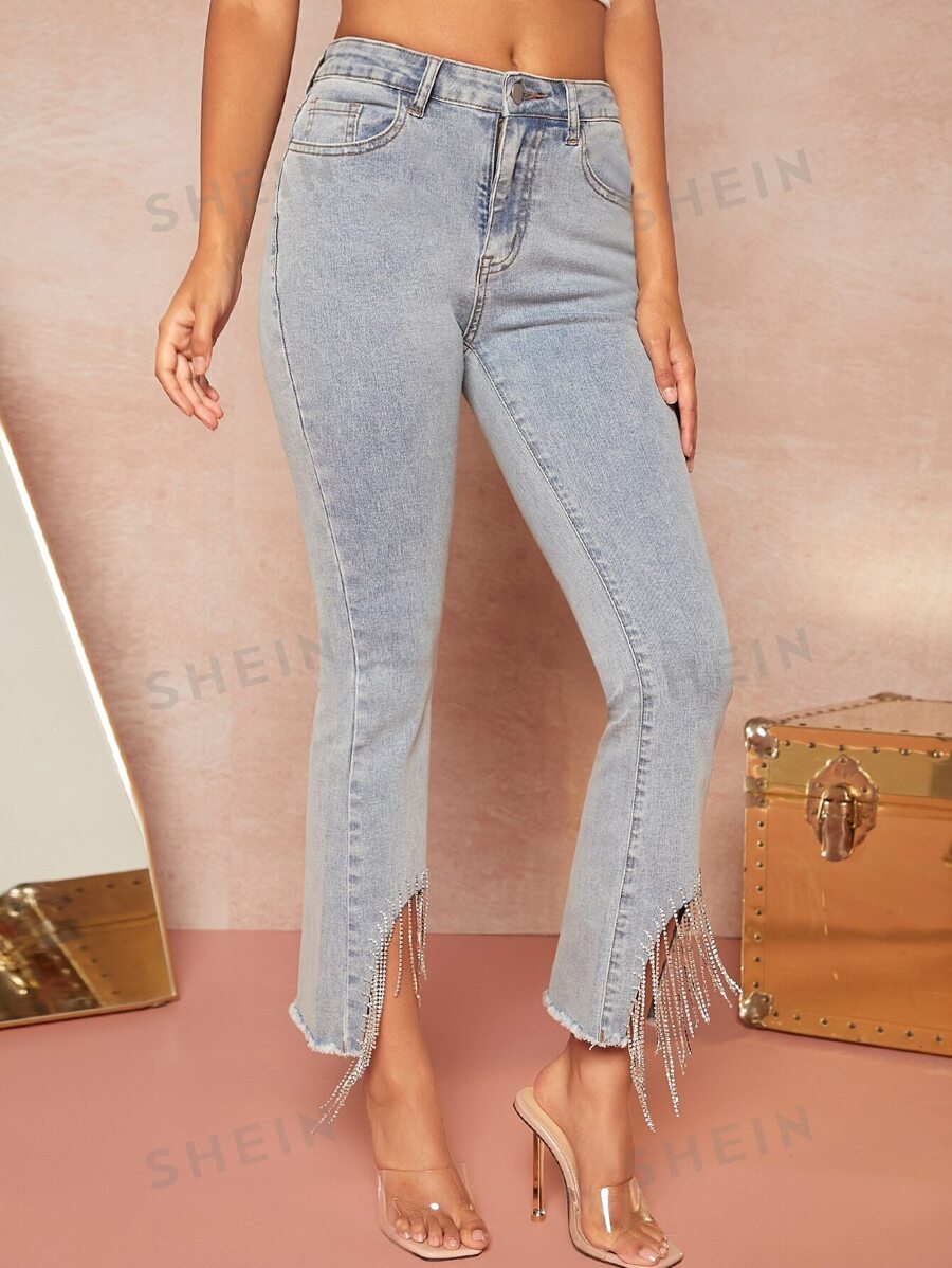Raw Hem Rhinestone Fringe Flare Jeans | SHEIN USA