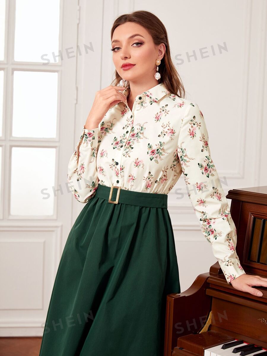 SHEIN Modely Collared Floral Print Belted Shirt Dress | SHEIN UK