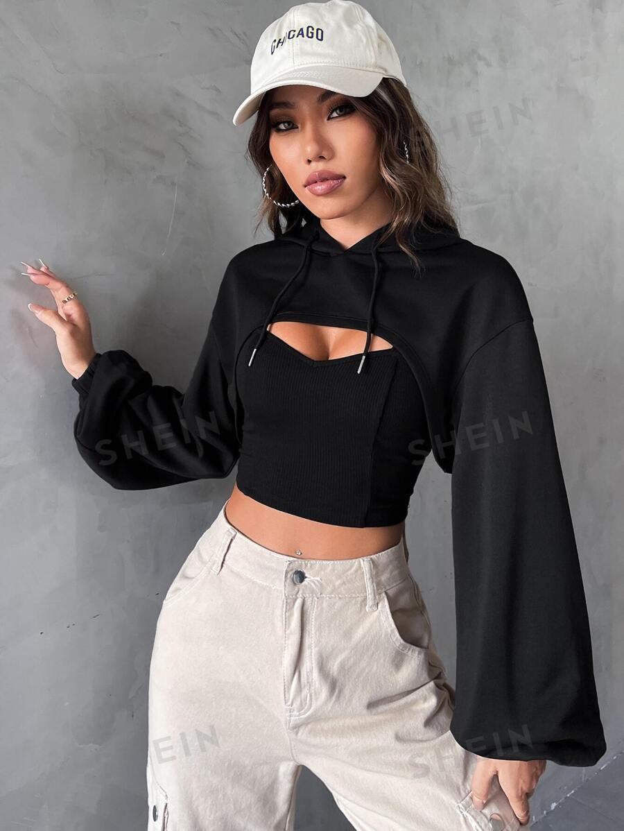 SHEIN EZwear Drop Shoulder Super Crop Drawstring Hoodie Without Camisole | SHEIN UK