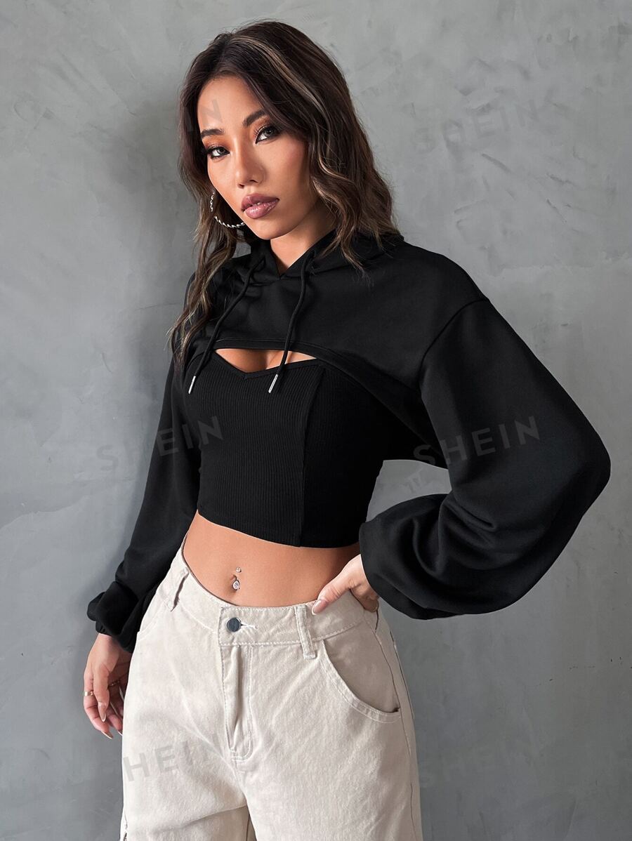 SHEIN EZwear Drop Shoulder Super Crop Drawstring Hoodie Without ...
