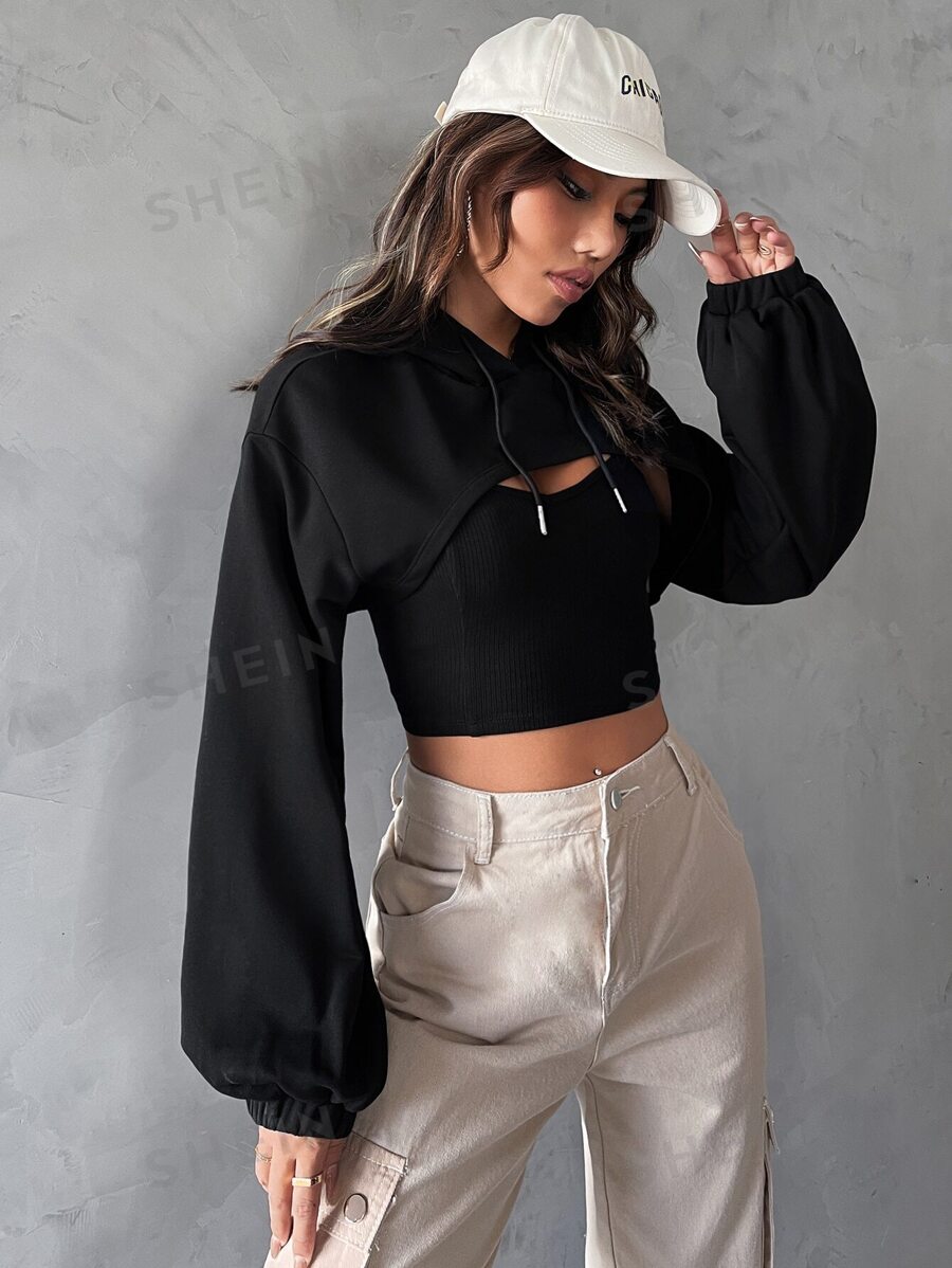 SHEIN EZwear Drop Shoulder Super Crop Drawstring Hoodie Without Camisole | SHEIN UK