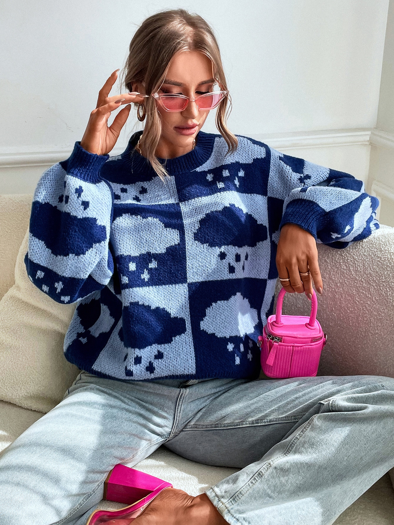 Clouds Pattern Drop Shoulder Sweater