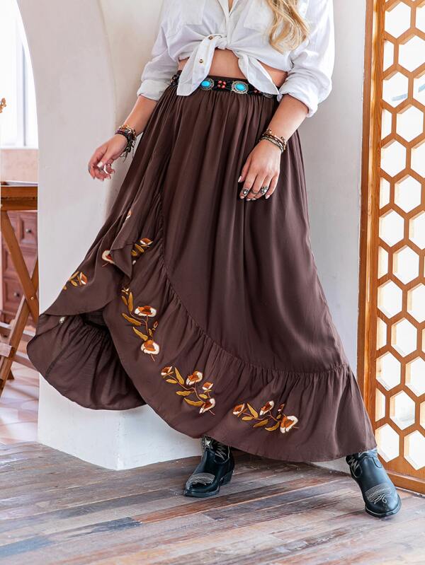 Rusttydustty Plus Floral Embroidery Ruffle Hem Skirt | SHEIN USA