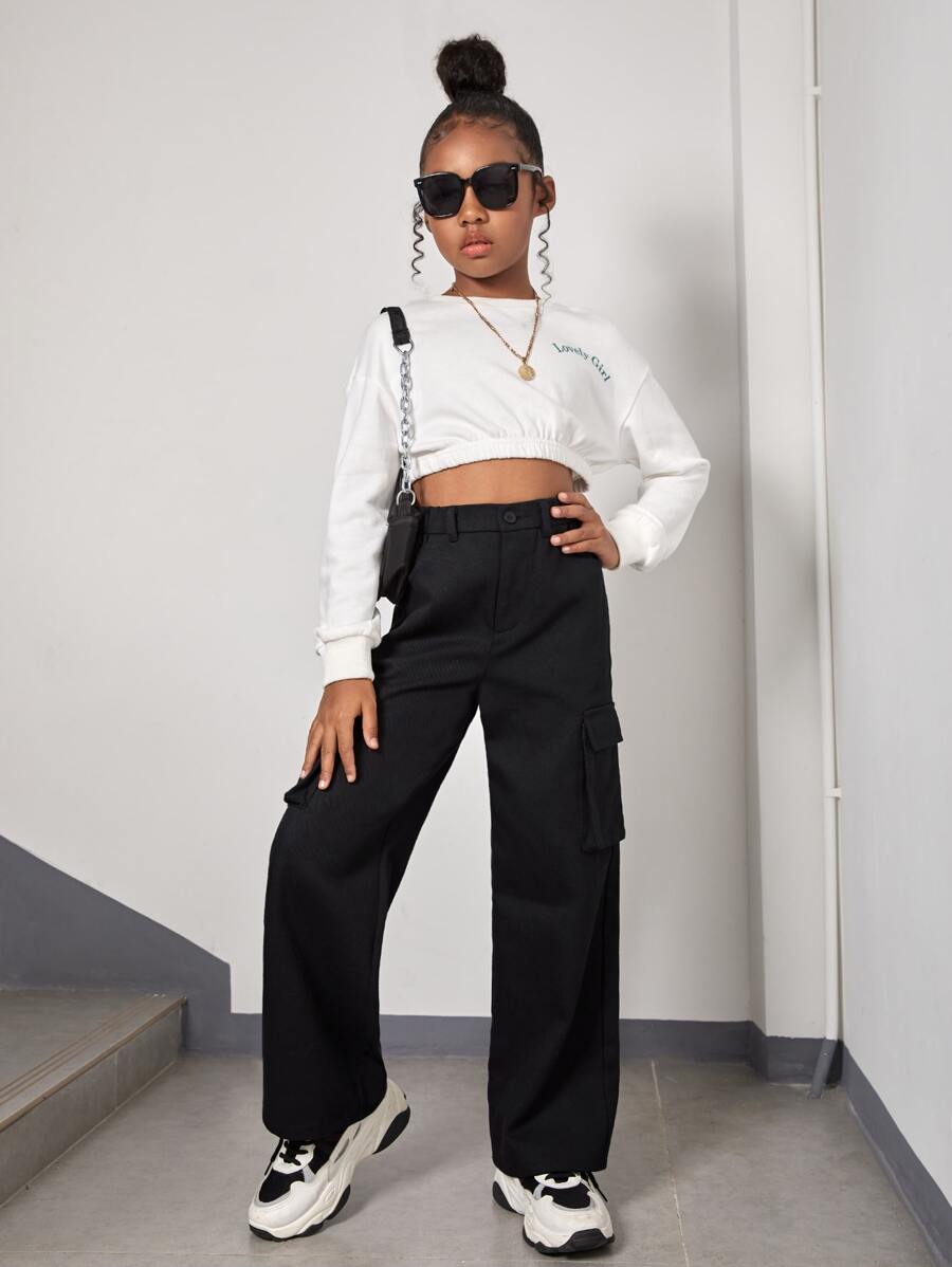 SHEIN Kids Cooltwn Girls High Waist Flap Pocket Side Cargo Trousers ...