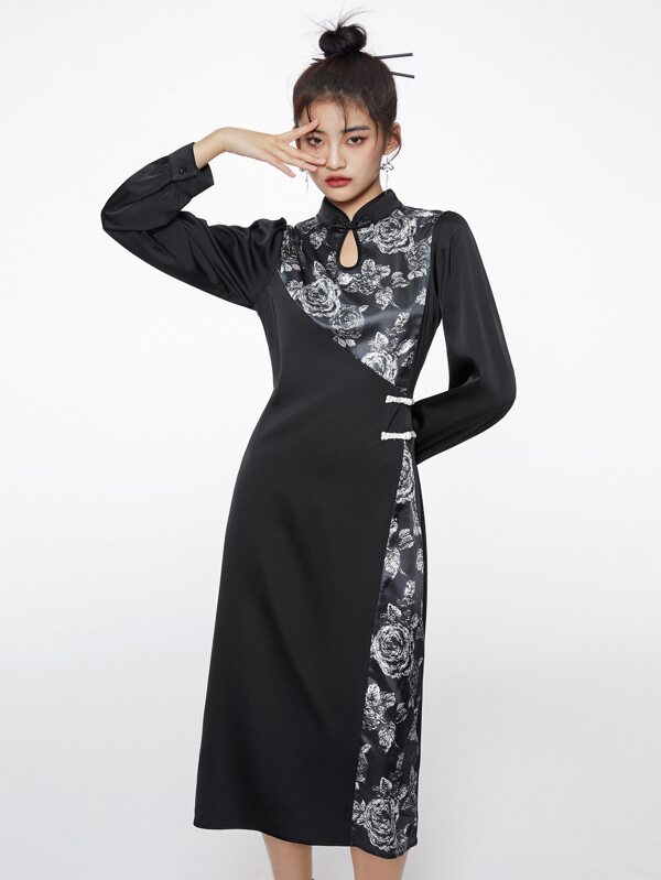 Dazy Floral Print Mandarin Collar Bishop Sleeve Split Back Qipao Dress