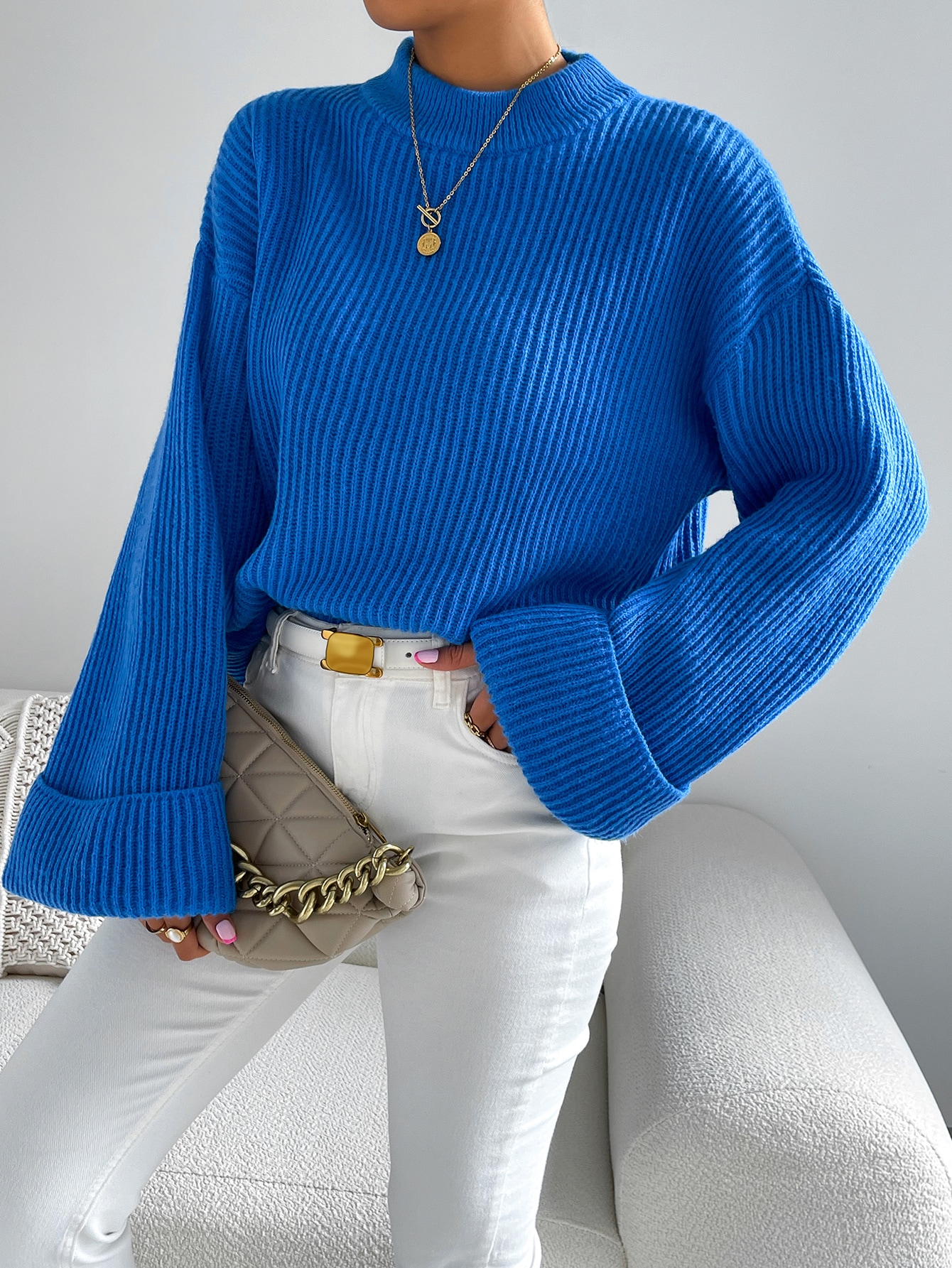 Shein Essnce Mock Neck Ribbed Knit Drop Shoulder Sweater Shein Usa