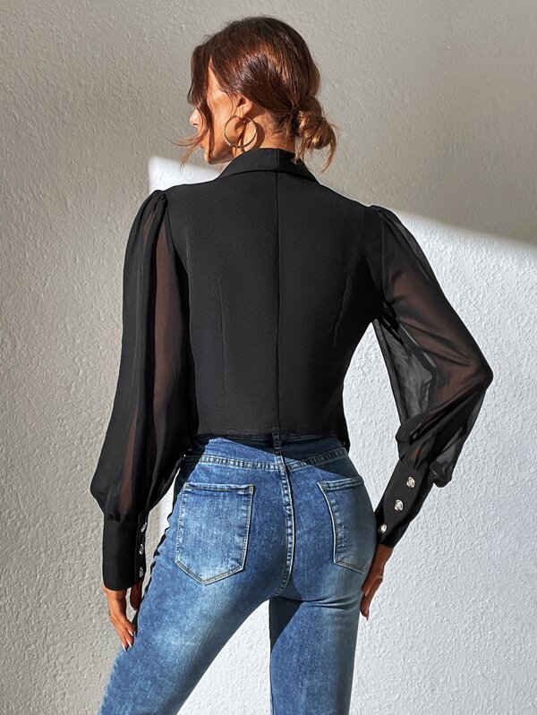 SHEIN Privé Contrast Mesh Bishop Sleeve Shawl Collar Blazer | SHEIN USA