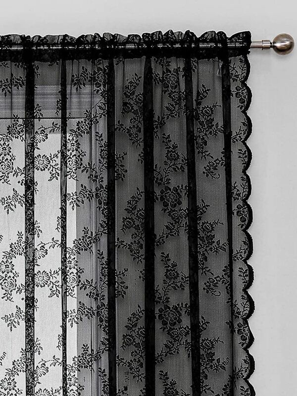 Rose Pattern Single Panel Sheer Curtain, Black Embroidered Lace Curtain ...