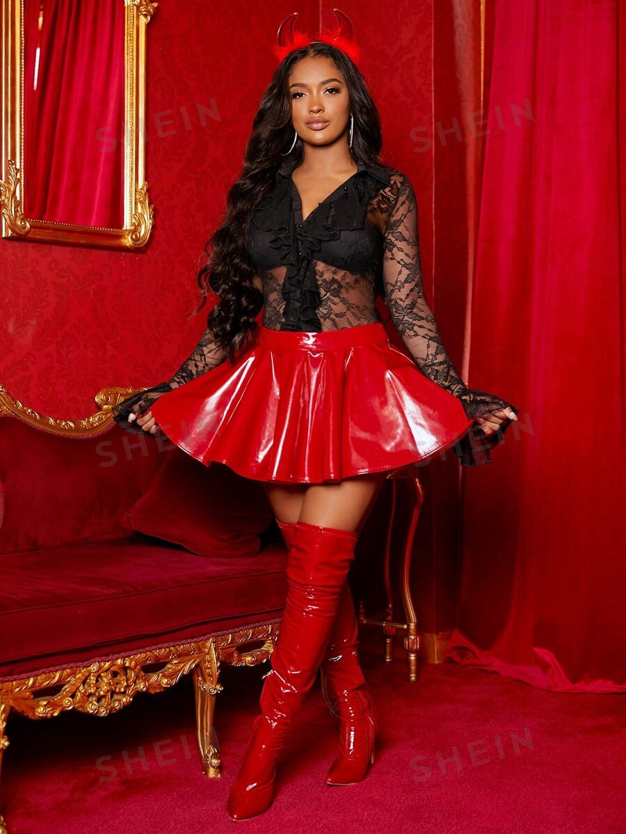 SHEIN SXY Zipper Back PU Leather Flare Skirt | SHEIN UK