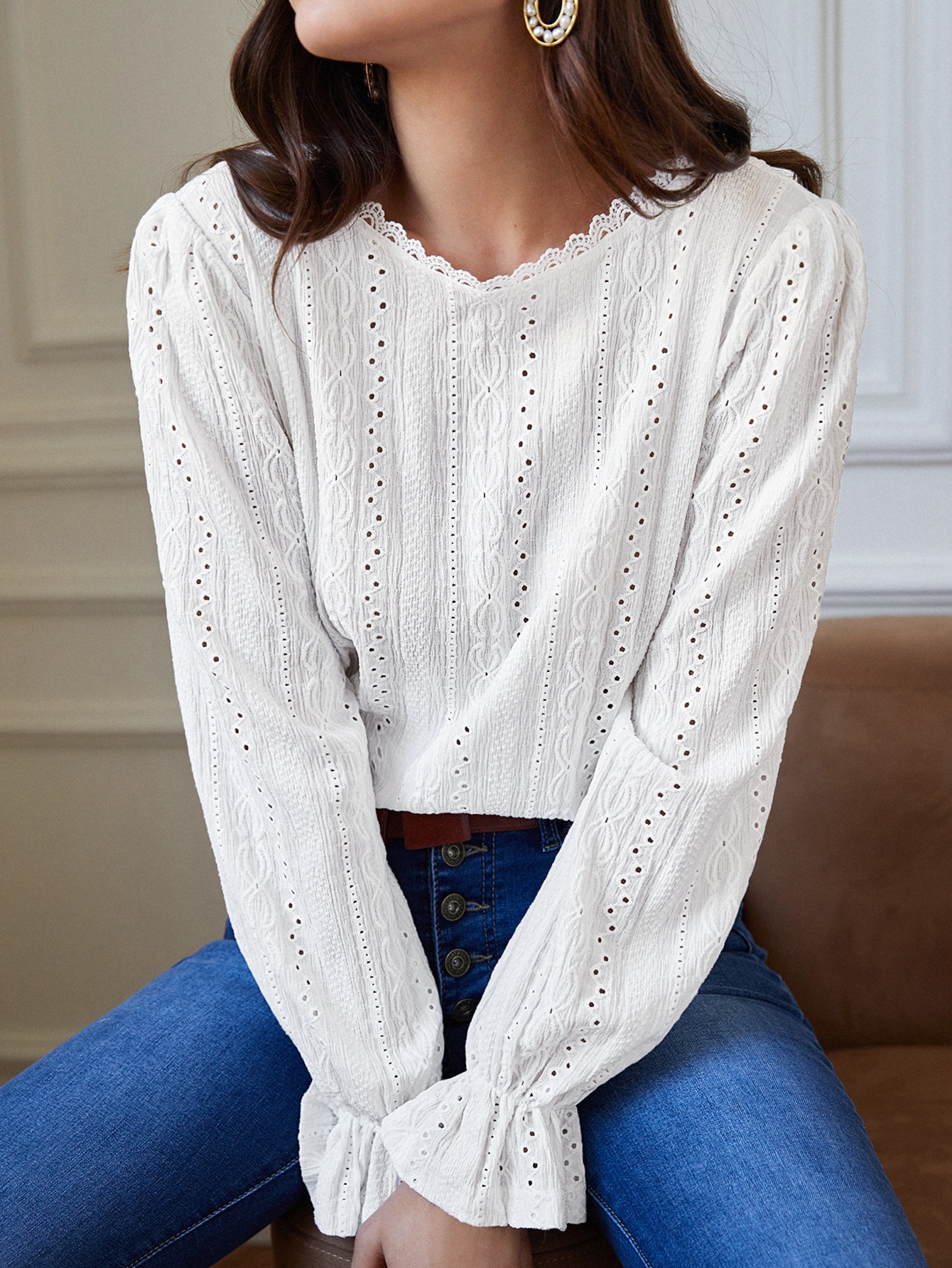 SHEIN Frenchy Solid Eyelet Embroidery Bell Cuff Blouse