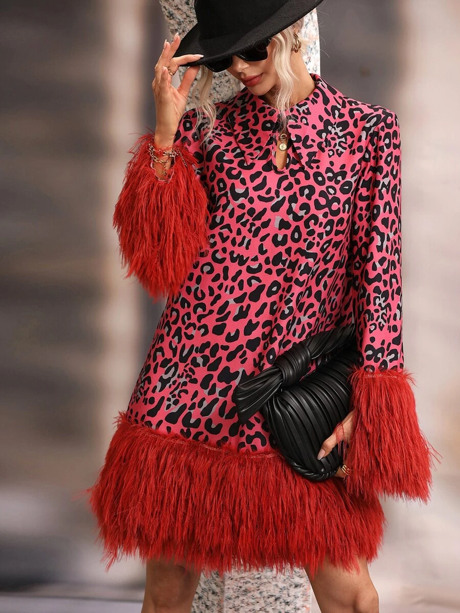 SHEIN LUNE Leopard Print Contrast Fuzzy Trim Dress | SHEIN USA
