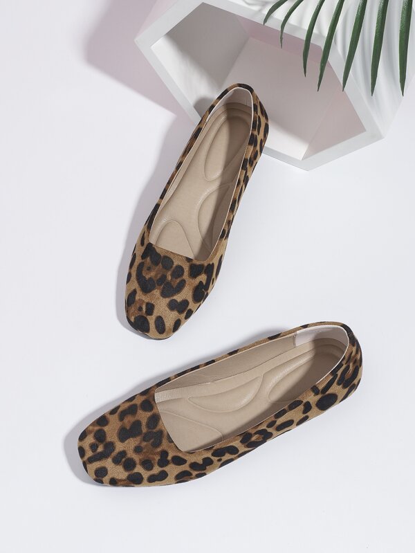 Suedette Leopard Pattern Square Toe Ballet Flats | SHEIN USA