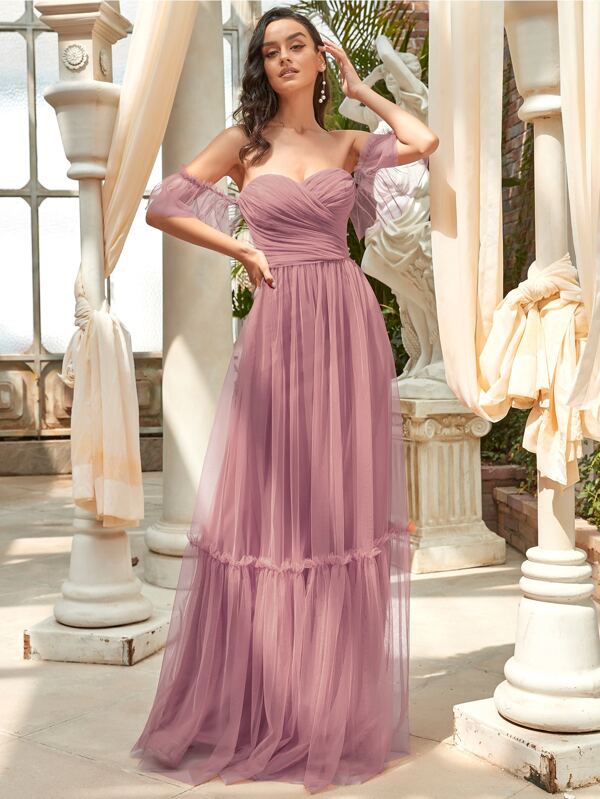 EVER-PRETTY Off Shoulder Ruched Wrap Contrast Mesh Frill Formal Dress ...