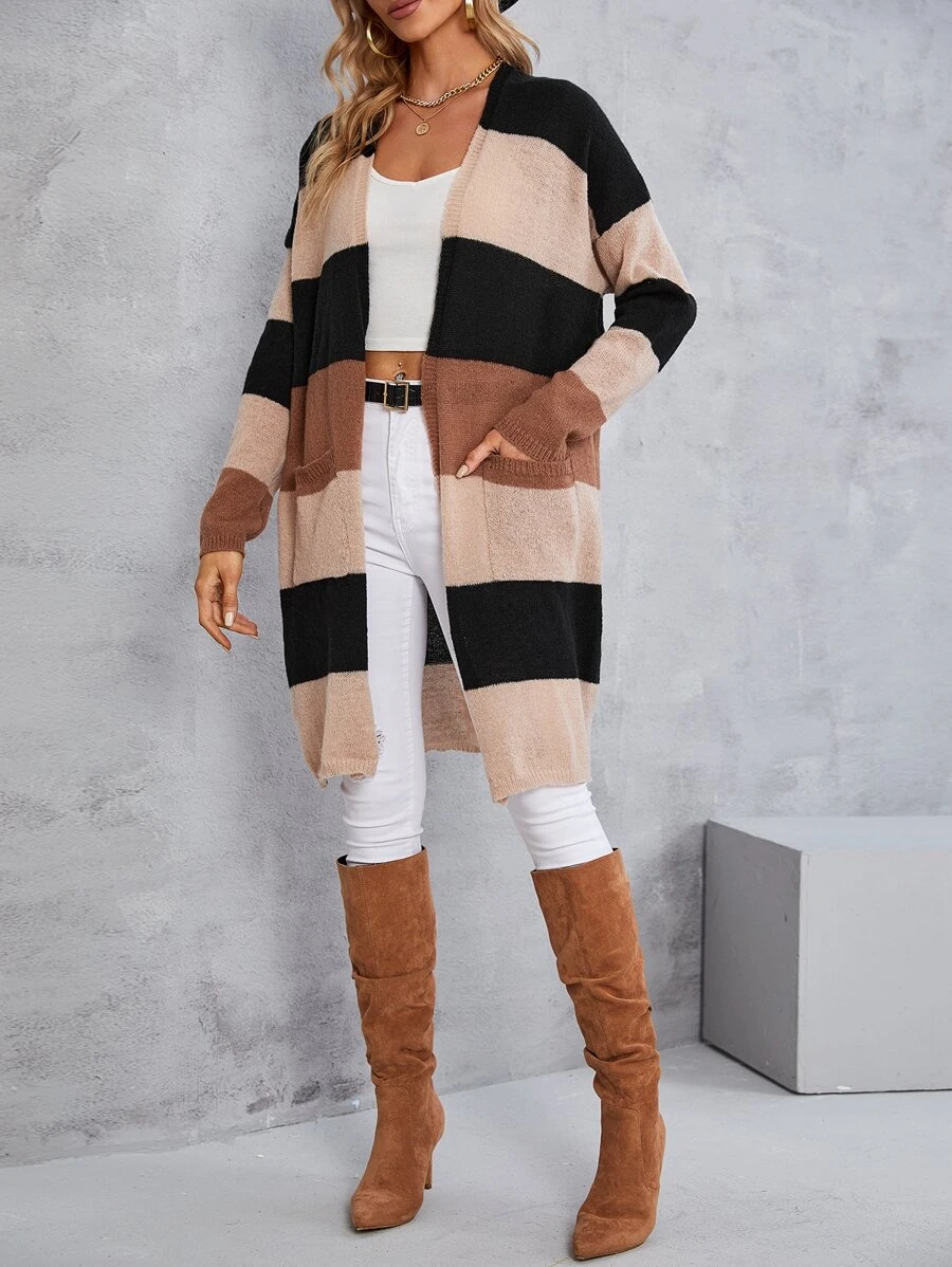 SHEIN LUNE Color Block Dual Pocket Drop Shoulder Duster Cardigan ...