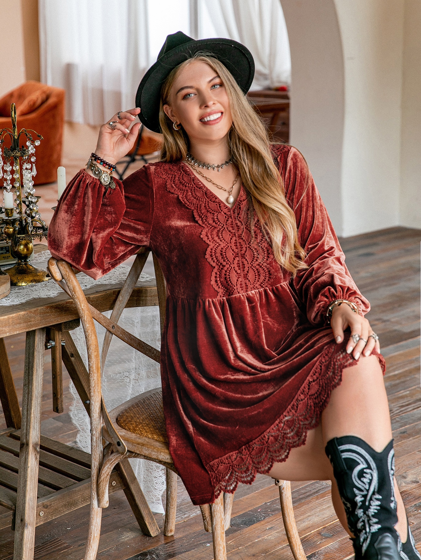 Rusttydustty Plus Contrast Lace Scallop Trim Lantern Sleeve Dress ...