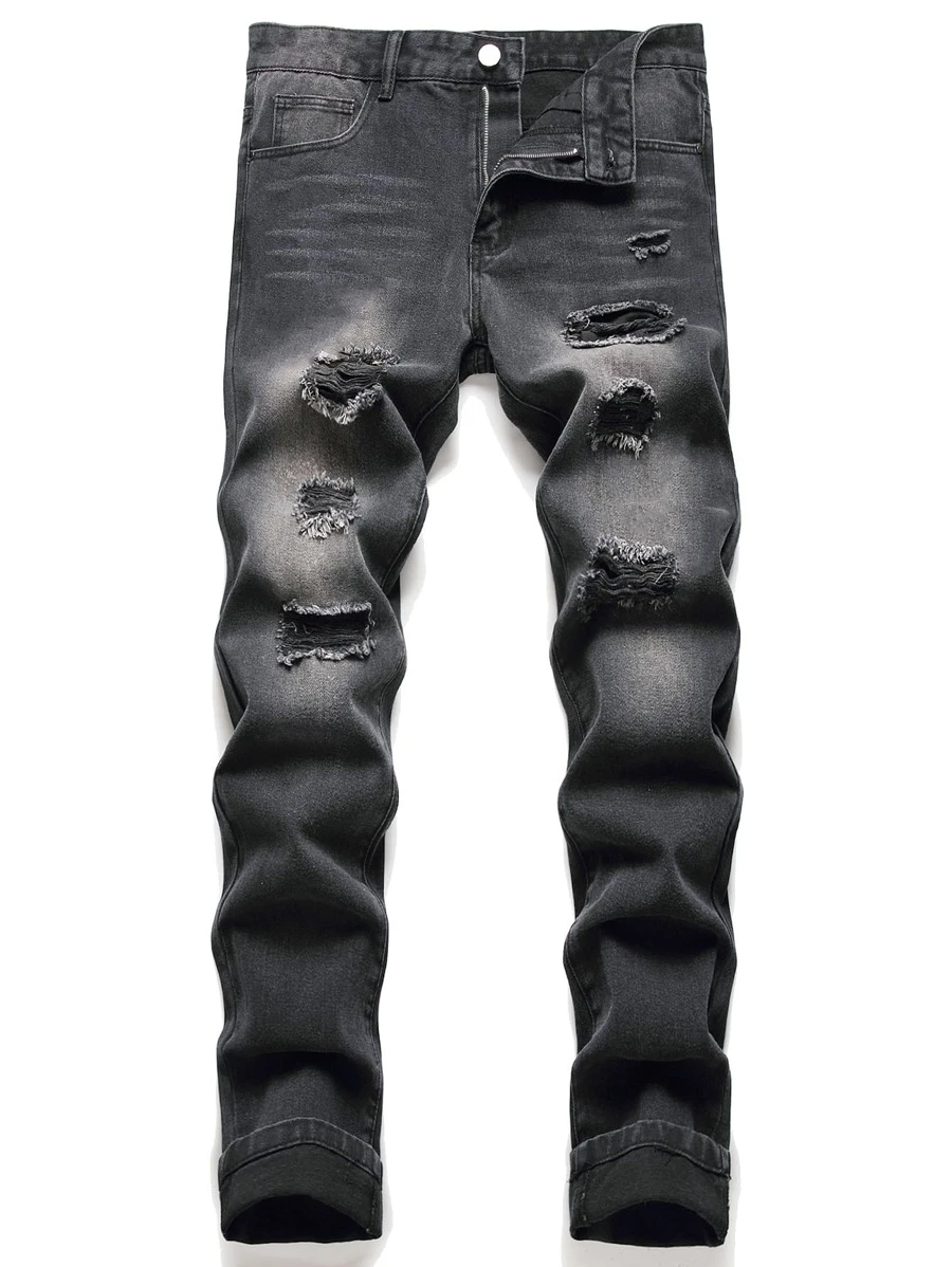 Men Moustache Effect Ripped Slim Straight Jeans | SHEIN USA