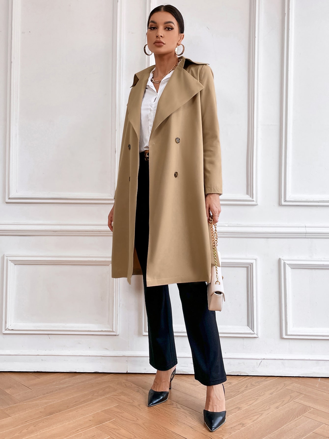 SHEIN Essnce Double Breasted Split Back Belted Trench Coat | SHEIN UK