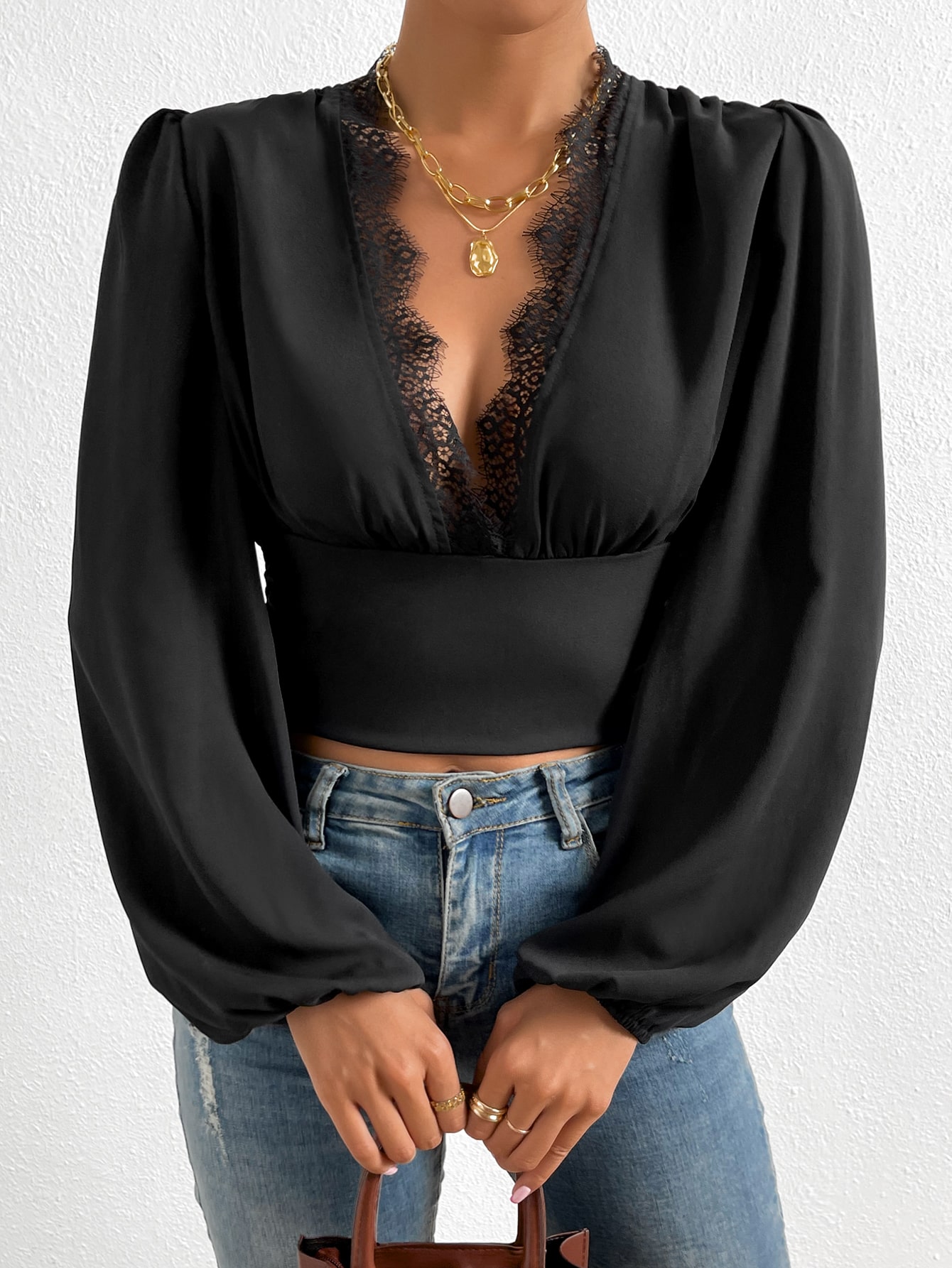 Eyelash Lace Trim Lantern Sleeve Blouse