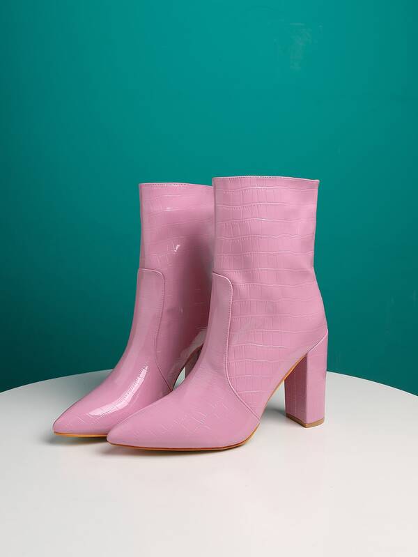 Crocodile Embossed Point Toe Chunky Heeled Classic Boots | SHEIN USA
