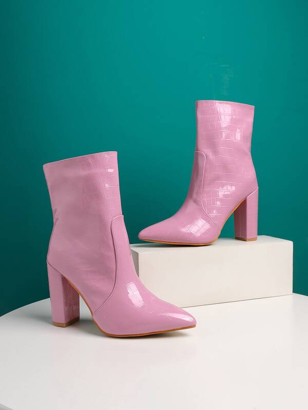 Crocodile Embossed Point Toe Chunky Heeled Classic Boots | SHEIN USA