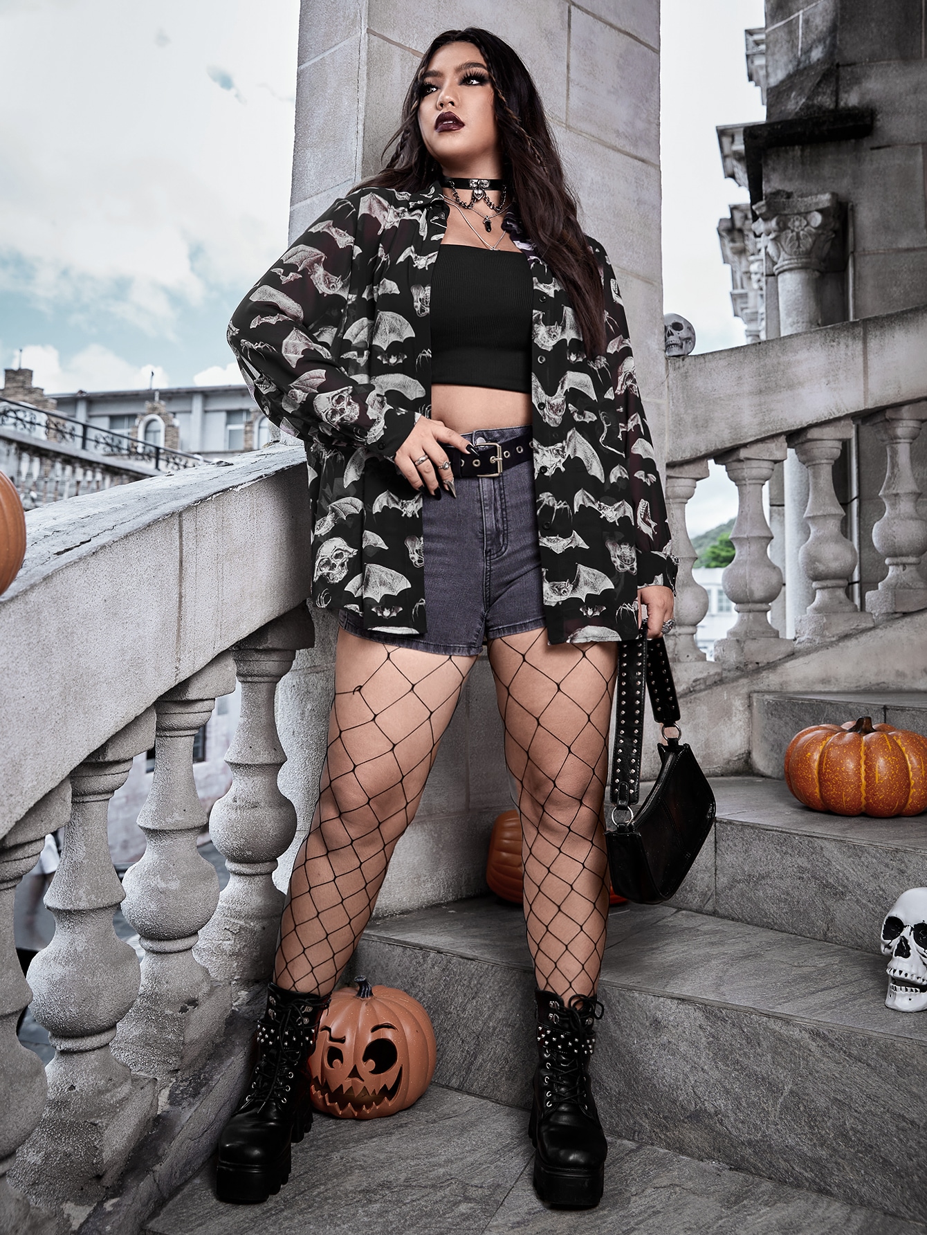ROMWE PUNK Plus Halloween Bat Print Shirt | SHEIN USA