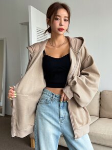 DAZY Zip Up Drop Shoulder Drawstring Thermal Lined Hoodie | SHEIN USA