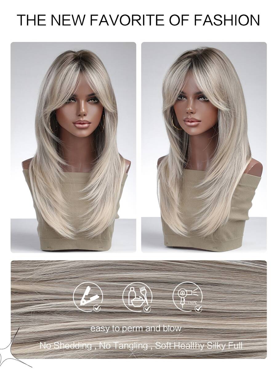 White-Gold Butterfly Long Hair Synthetic Fringe Wig For Women Natural ...