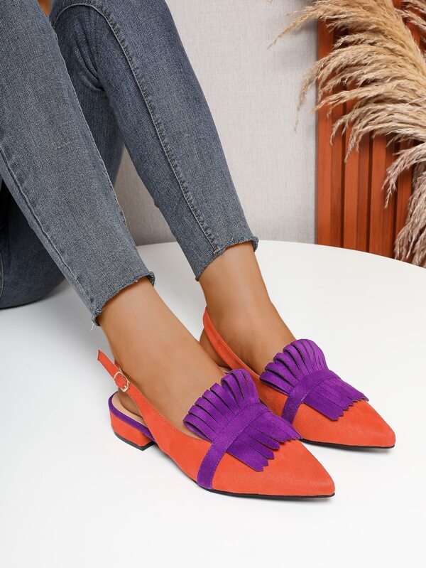 Women Faux Suedette Neon Orange Fringe Decor Flats, Funky Point Toe ...