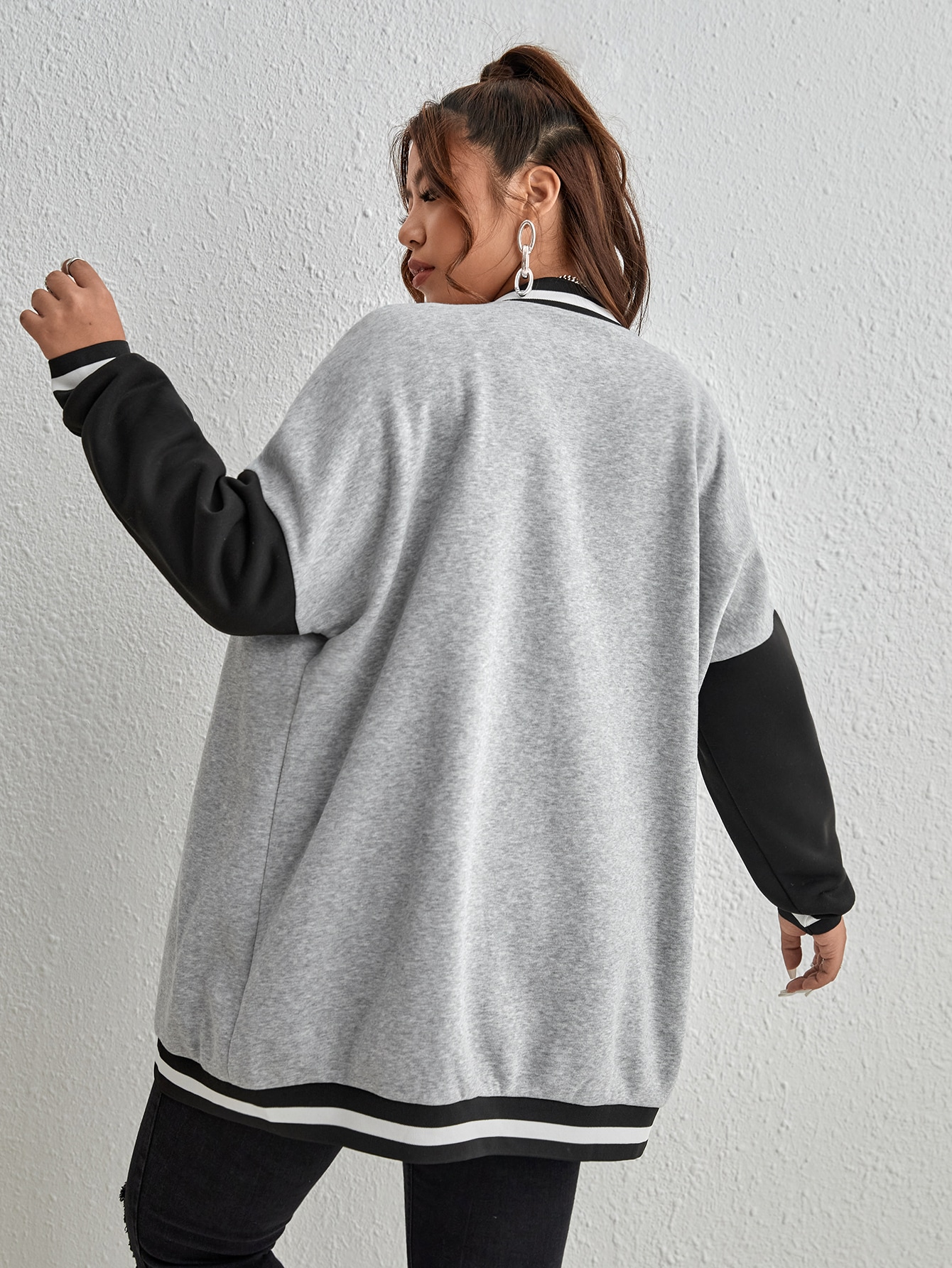 Shein Ezwear Plus Letter Patched Striped Trim Drop Shoulder Varsity