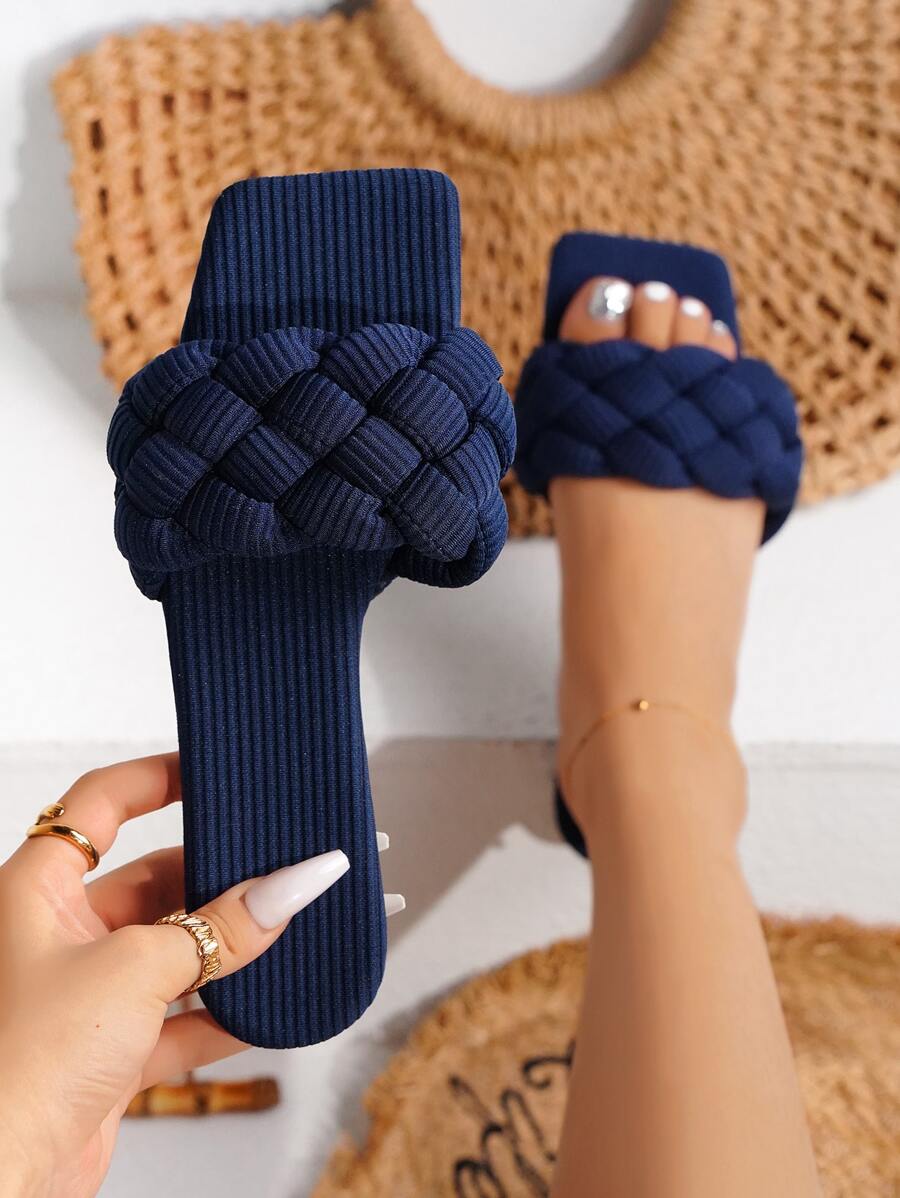Women's Navy Blue Vacation Woven Strap Solid Color Slide Sandals With ...