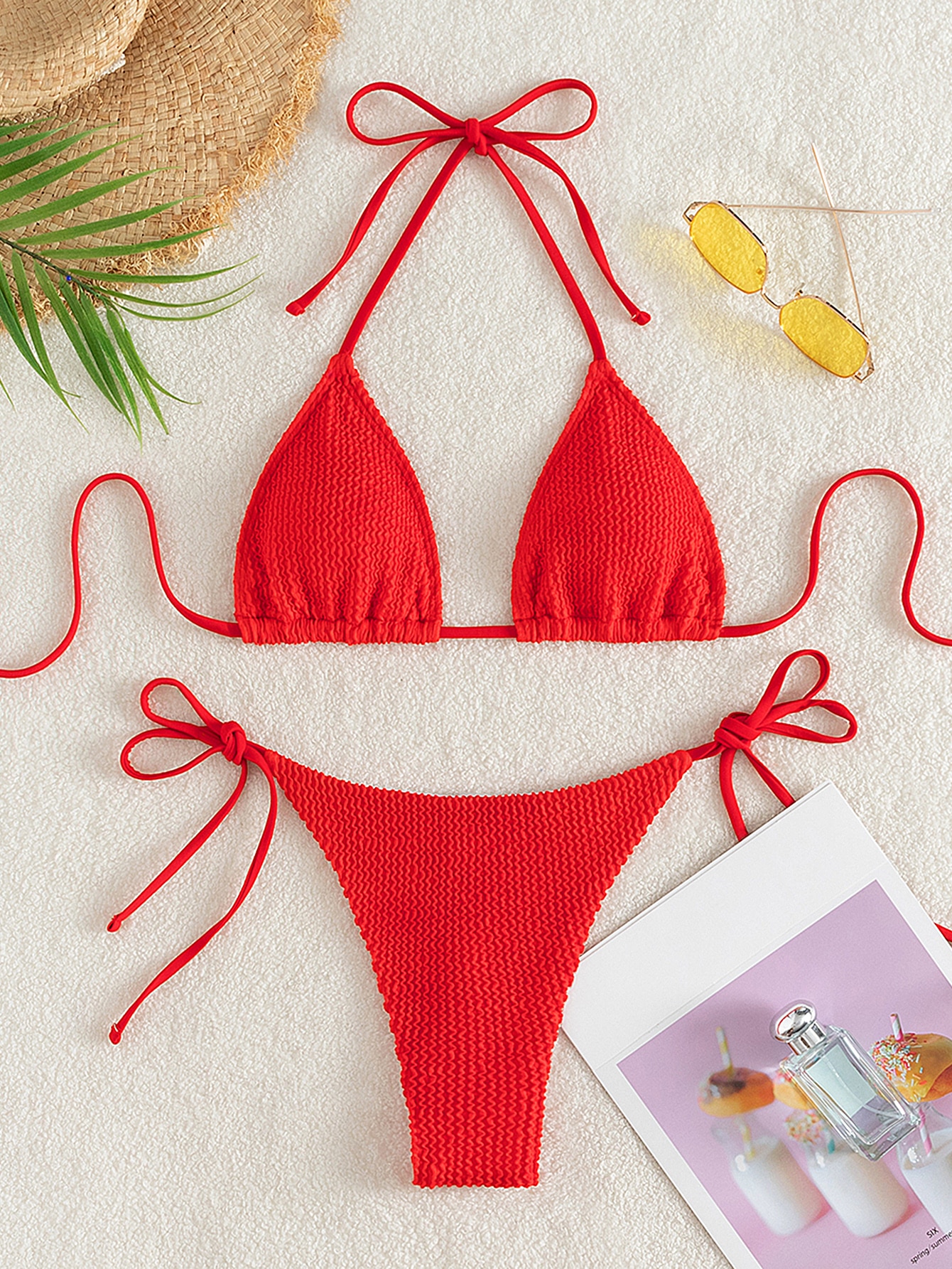 Textured Halter Triangle Bra & Tie Side V-String Bottom 2 Piece Bathing ...