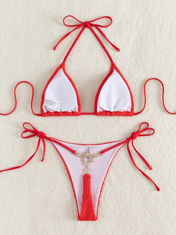 Textured Halter Triangle Bra And Tie Side V String Bottom 2 Piece Bathing