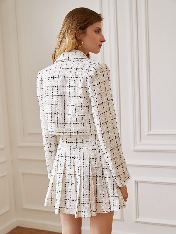 SHEIN Frenchy Lapel Neck Plaid Tweed Blazer & Pleated Skirt | SHEIN USA