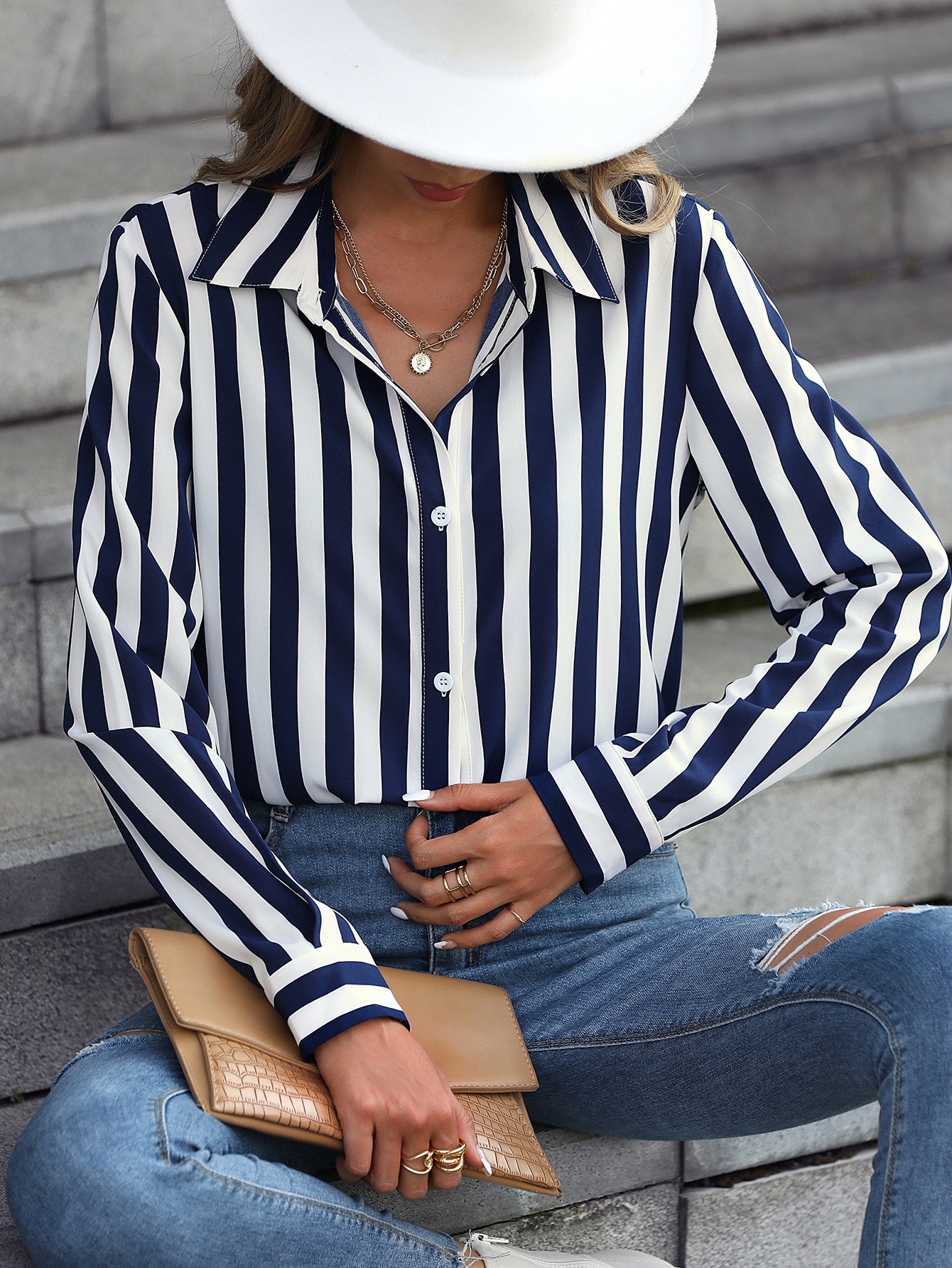 Vertical Striped Print Button Up Shirt