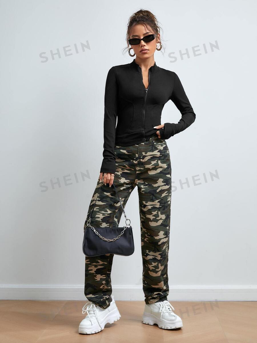 SHEIN EZwear Women 's Y2k Zip Up Thumb Holes Black Jacket | SHEIN USA