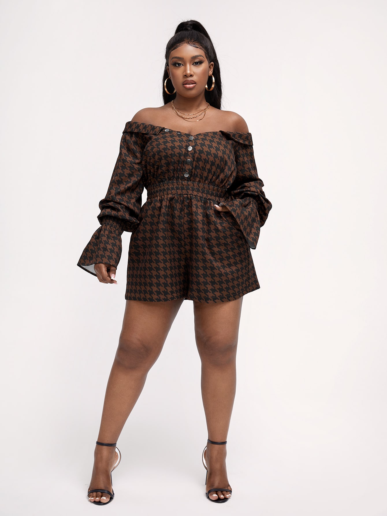 Delayne Dixon Plus Houndstooth Off Shoulder Flounce Sleeve Romper ...