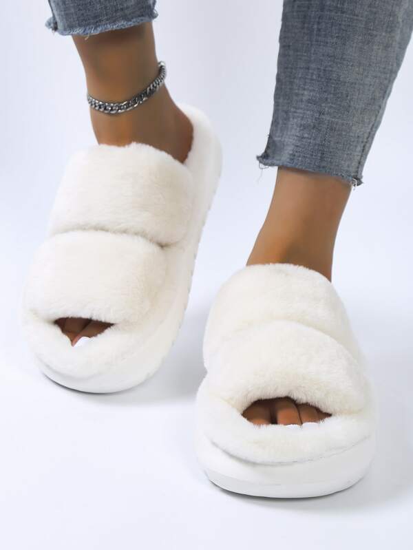 Double Strap Fluffy Bedroom Slippers,Women's EVA Thick-soled Beige Long ...