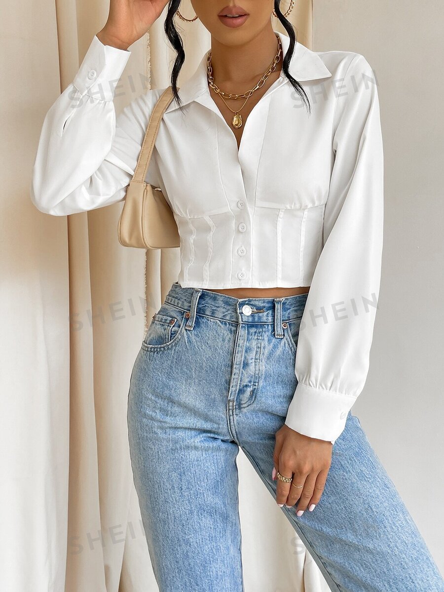 SHEIN Privé Solid Button Front Crop Work Women White Shirt | SHEIN USA