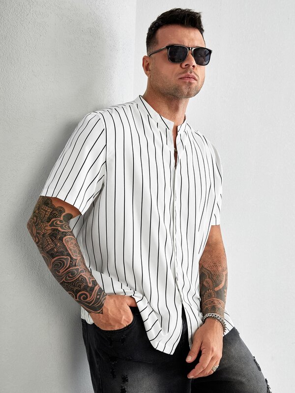 SHEIN Extended Sizes Men Pinstriped Print Shirt | SHEIN USA