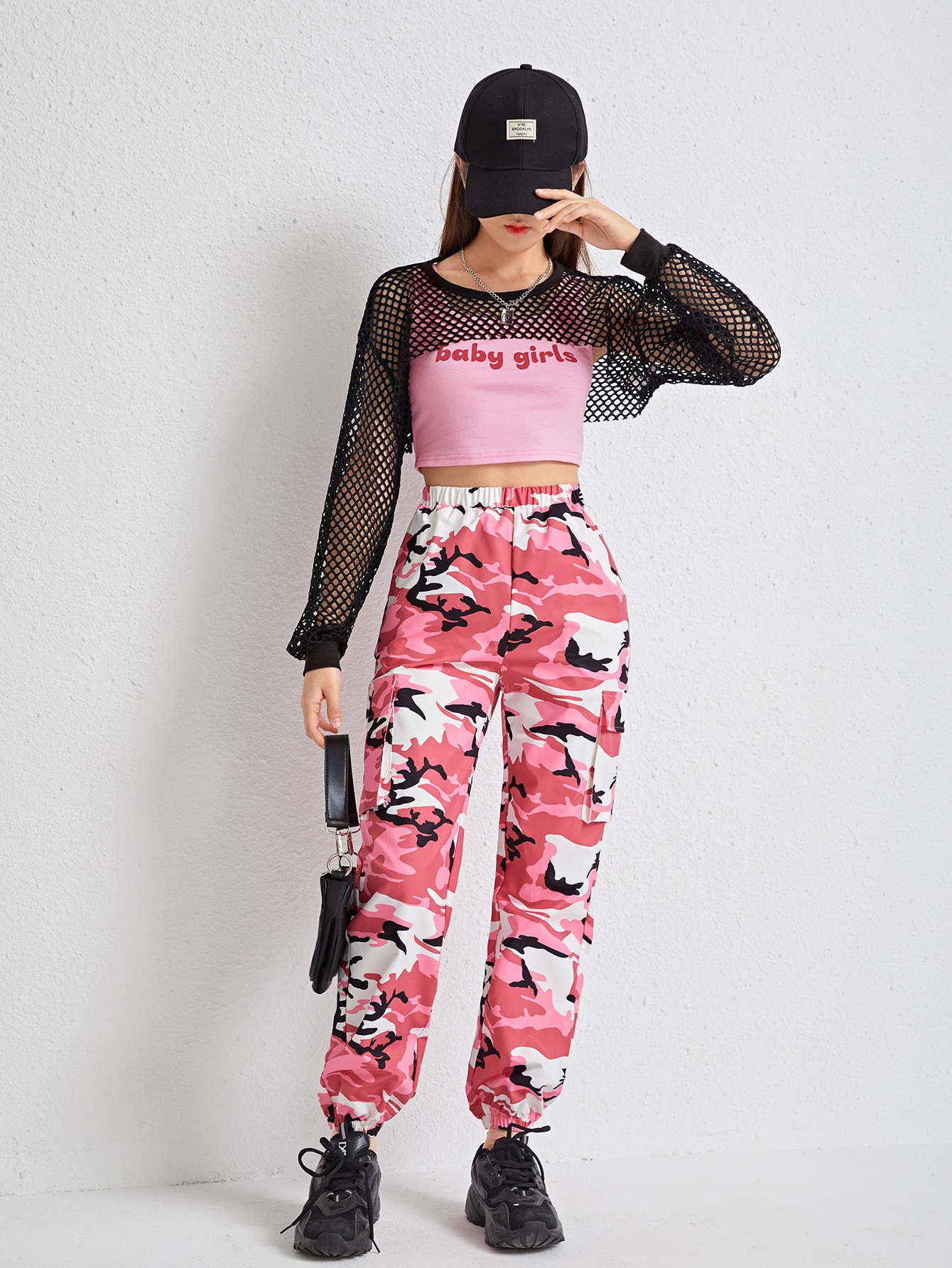 SHEIN Teen Girls Fishnet Mesh Top & Letter Graphic Tank Top & Cargo Pants