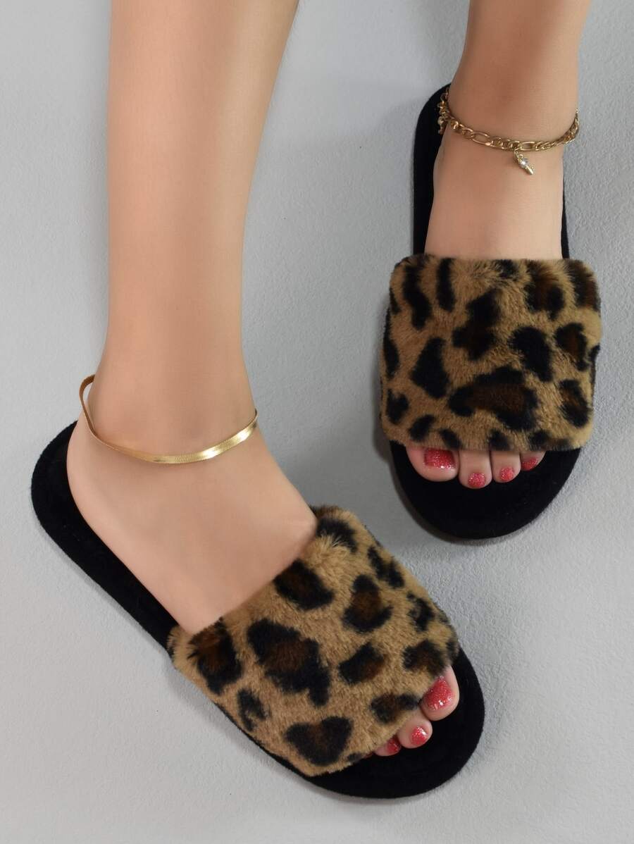 Women Leopard Pattern Fuzzy Bedroom Slippers, Fashionable Open Toe Home ...