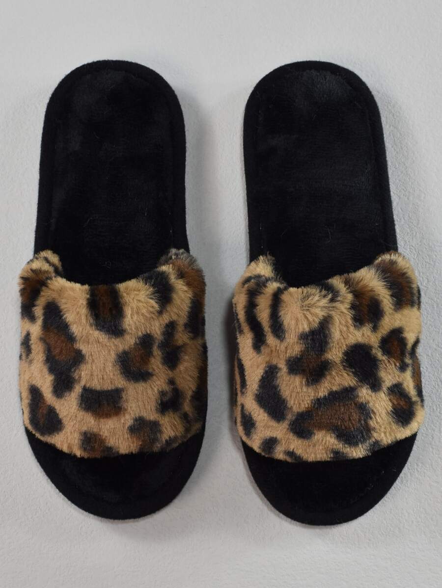 Women Leopard Pattern Fuzzy Bedroom Slippers, Fashionable Open Toe Home ...
