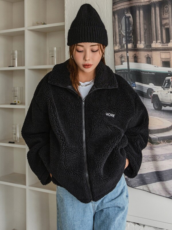 DAZY Letter Embroidery Zip Up Drop Shoulder Teddy Coat | SHEIN USA