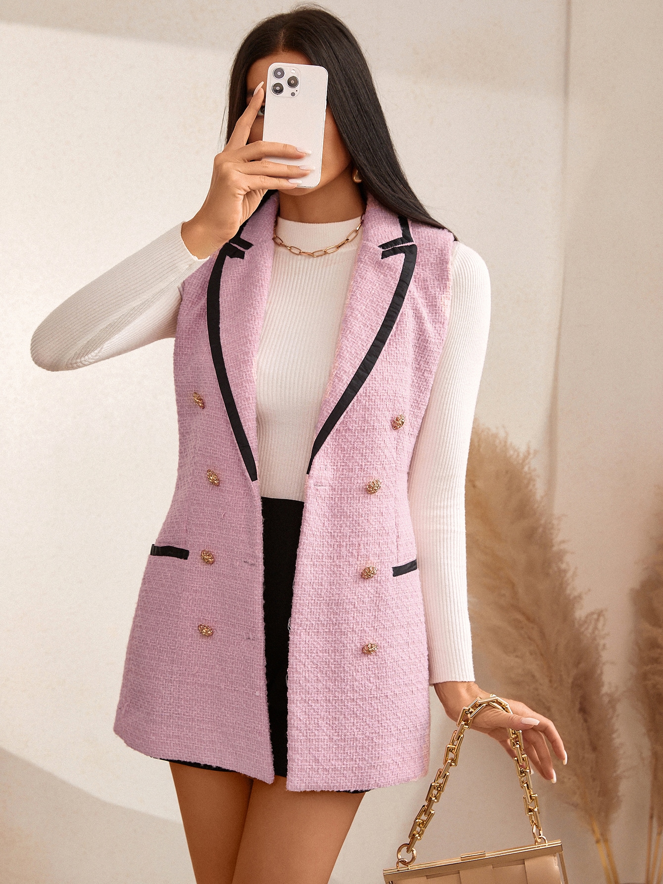 SHEIN Privé Double Breasted Contrast Binding Vest Overcoat | SHEIN USA