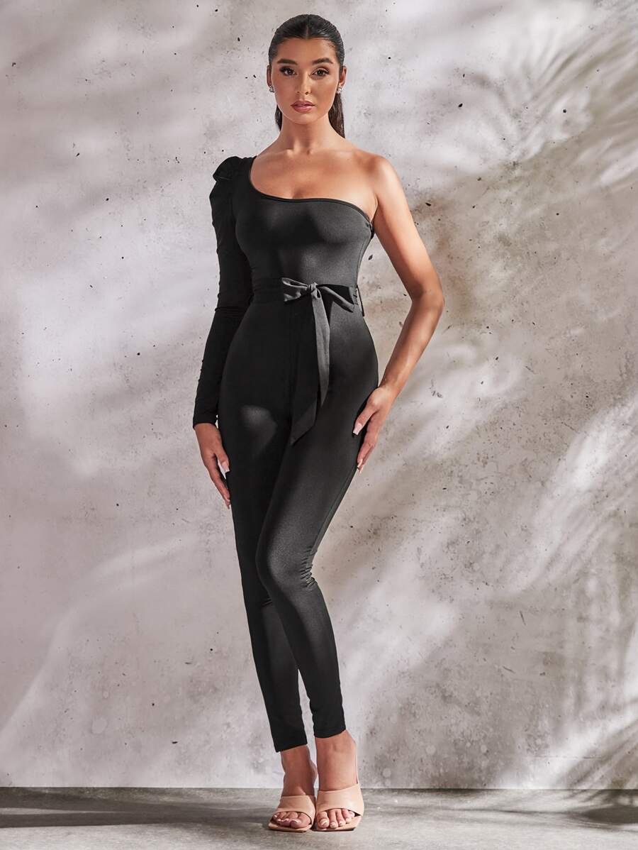 One Shoulder Puff Sleeve Belted Unitard Jumpsuit | SHEIN USA